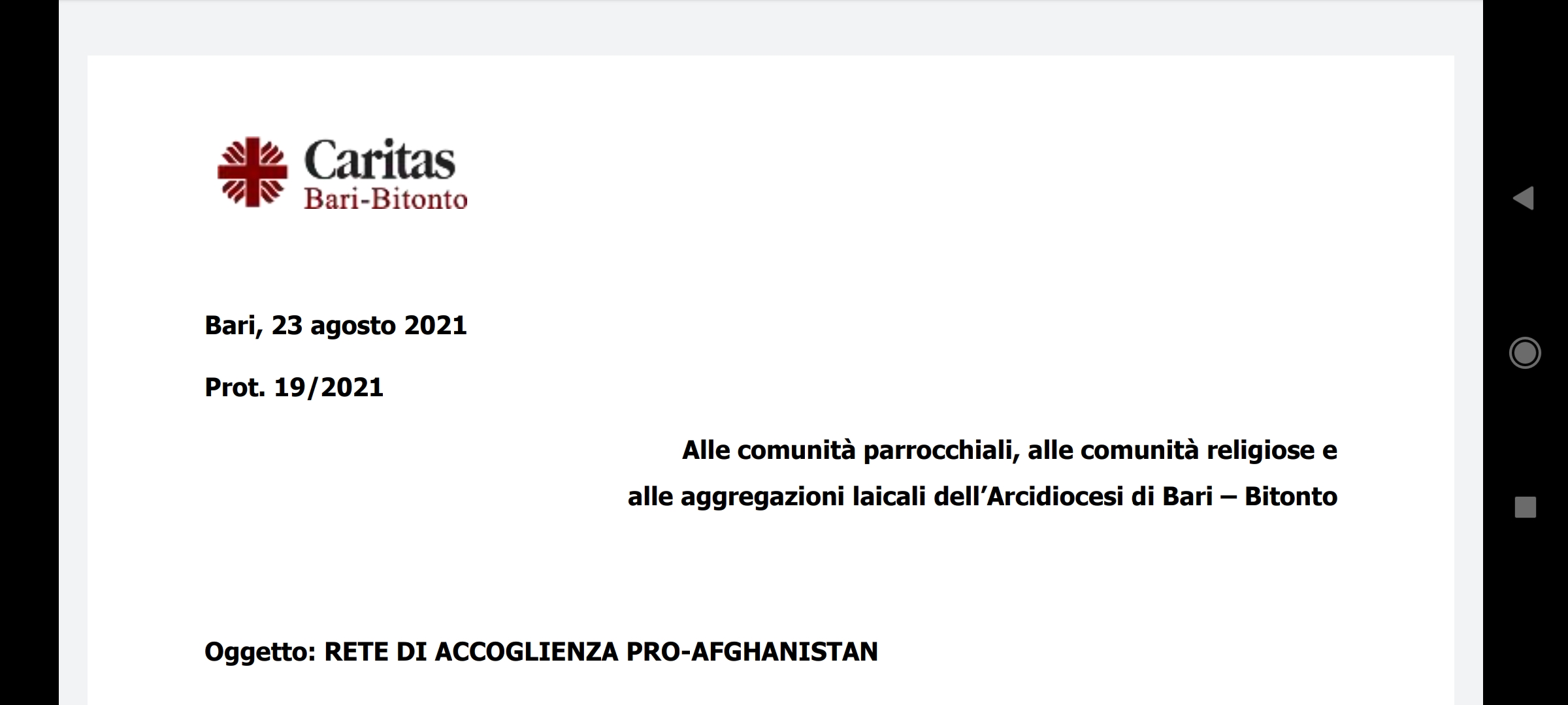 RETE DI ACCOGLIENZA PRO-AFGHANISTAN - Caritas Diocesana Bari-Bitonto